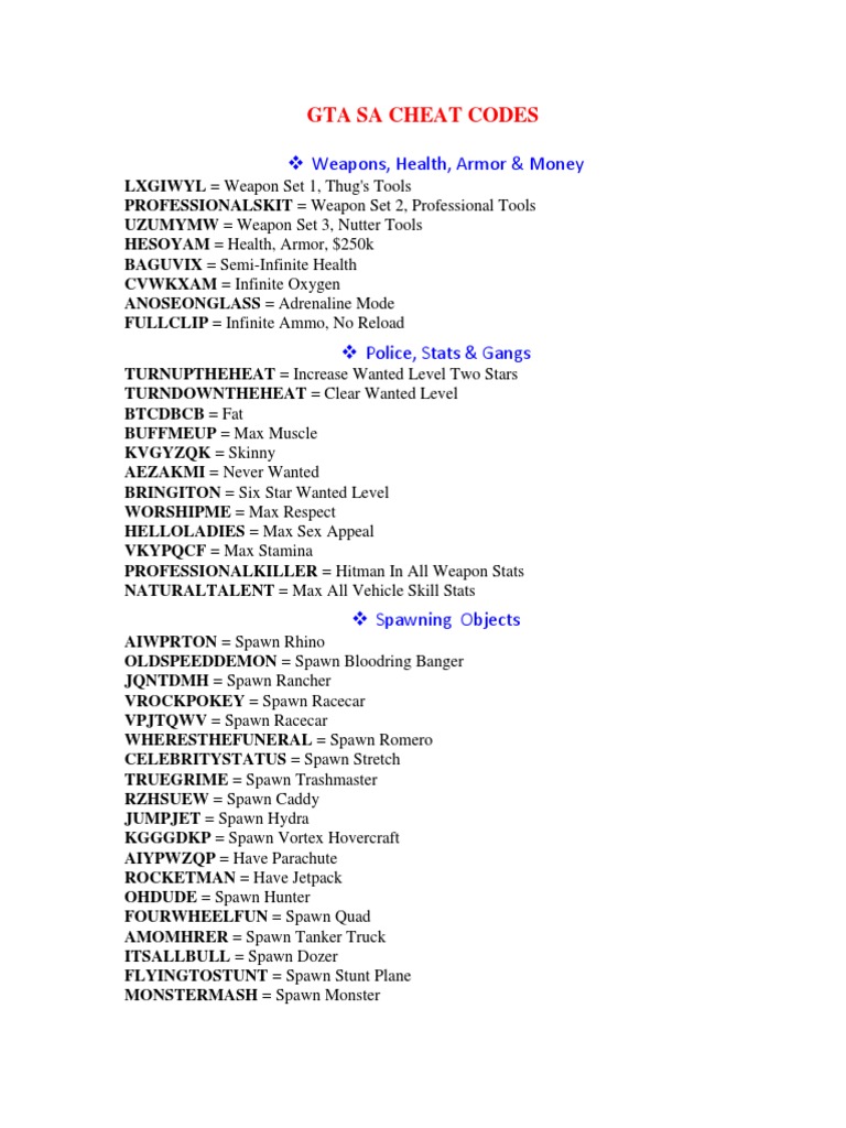 Gta San Andreas Cheat Codes | PDF | Leisure | Transport
