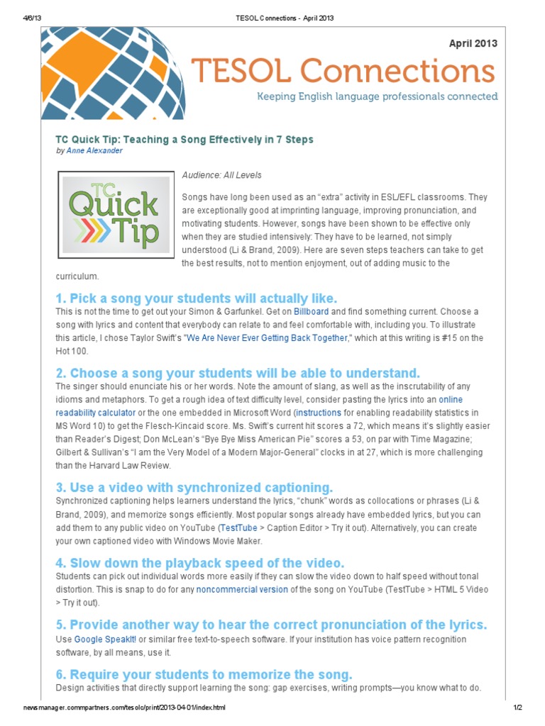 Teaching A Song Effectively in 7 Steps | PDF | English As A Second Or ...