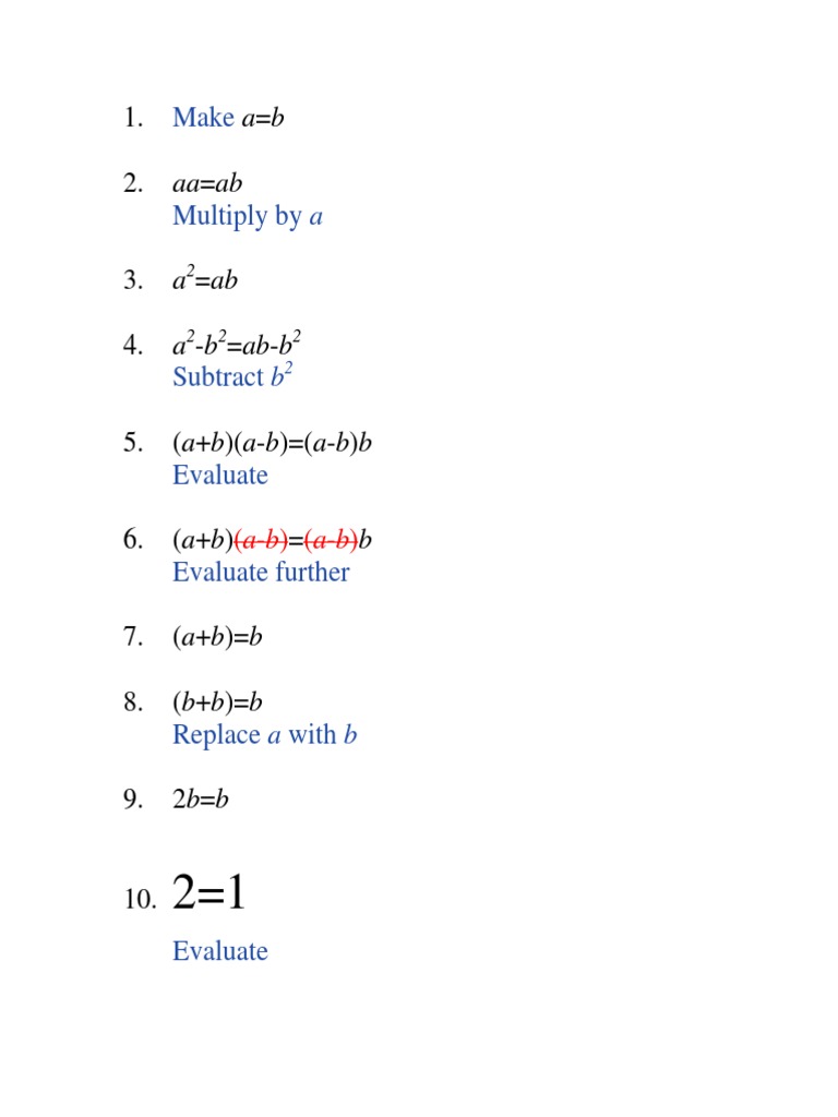Algebraic Proof of 2 Equals 1 | PDF
