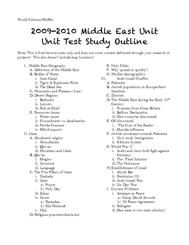 Middle East Unit Test Study Outline | PDF | Arab–Israeli Conflict ...