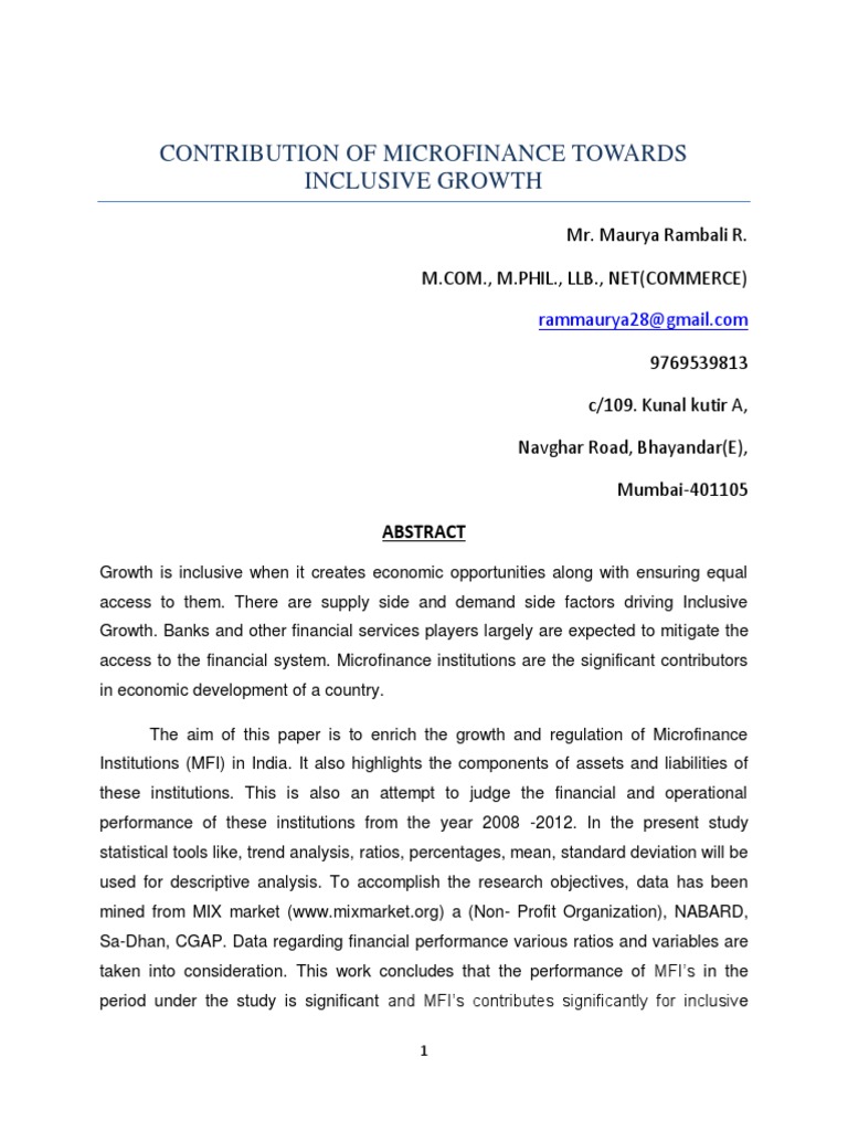 Research Paper On CONTRIBUTION OF MICROFINANCE TOWARD INCLUSIVE GROWTH ...