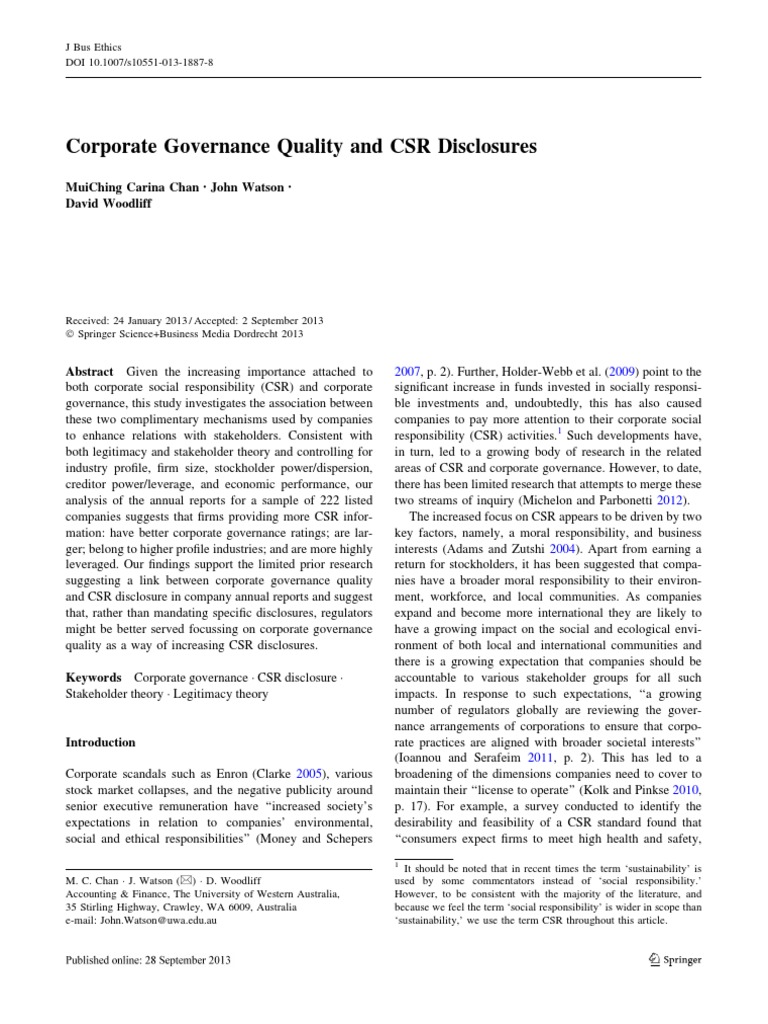Corporate Governance Quality and CSR Disclosures | PDF | Corporate ...