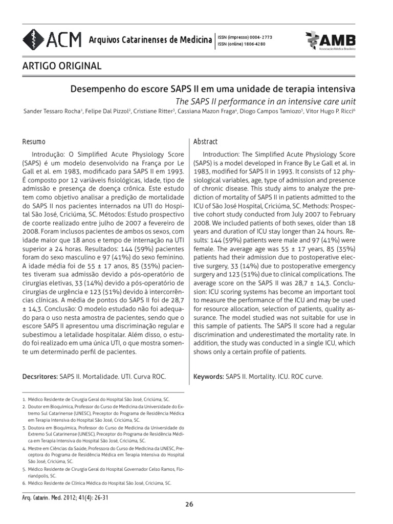 Desempenho do SAPS II em UTI | PDF | Unidade de Tratamento Intensivo ...
