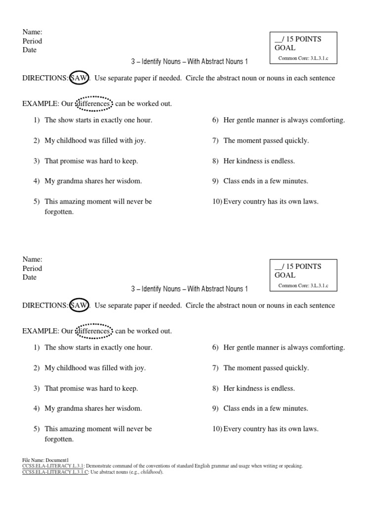 Identifying Abstract Nouns Worksheet | PDF | English Grammar | Noun