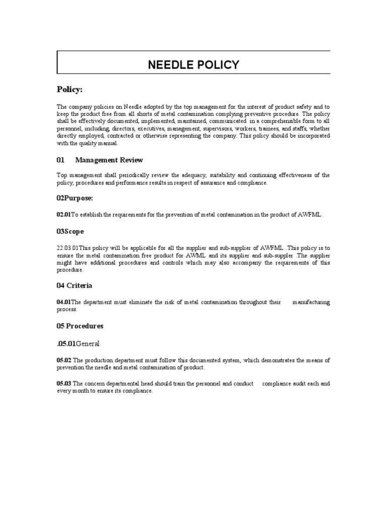 Needle Policy.2 | PDF | Sewing Needle | Regulatory Compliance