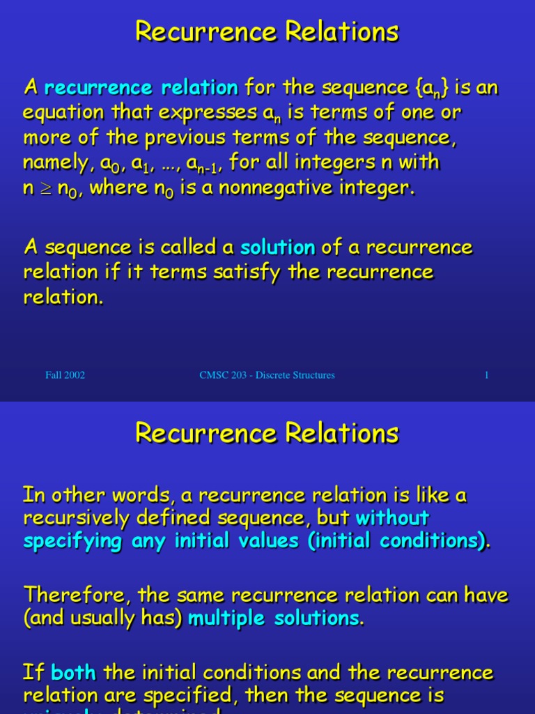 Recurrence Relation: Fall 2002 CMSC 203 - Discrete Structures 1 | PDF | Recurrence Relation ...