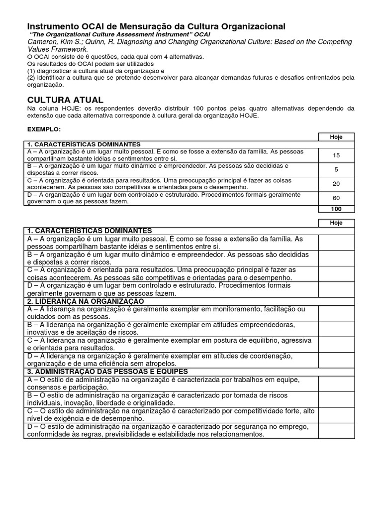 Instrumento OCAI de Mensuração de Cultura Organizacional | PDF | Gestão ...