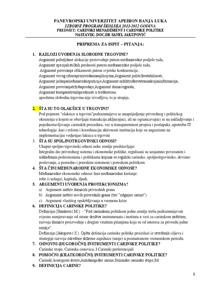 Carinski Menadzment Pitanja Za Ispit | PDF