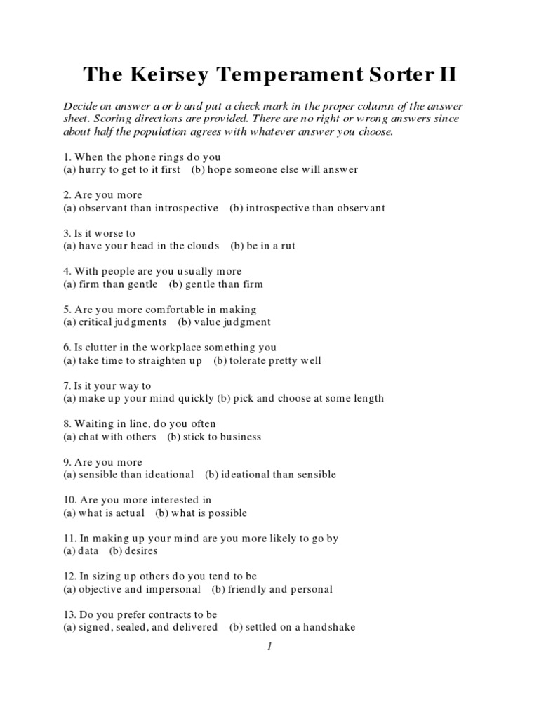 The Keirsey Temperament Sorter II | PDF | Psychological Concepts ...