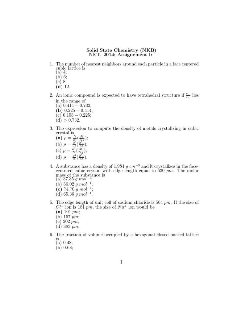 Solid State Assignment-1 Answer Key | PDF | Crystal Structure | Crystallography