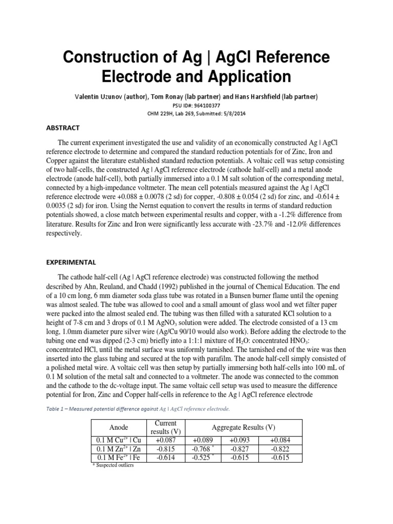 Ag | AgCl Electrode Construction & Results | PDF | Redox | Electrochemistry