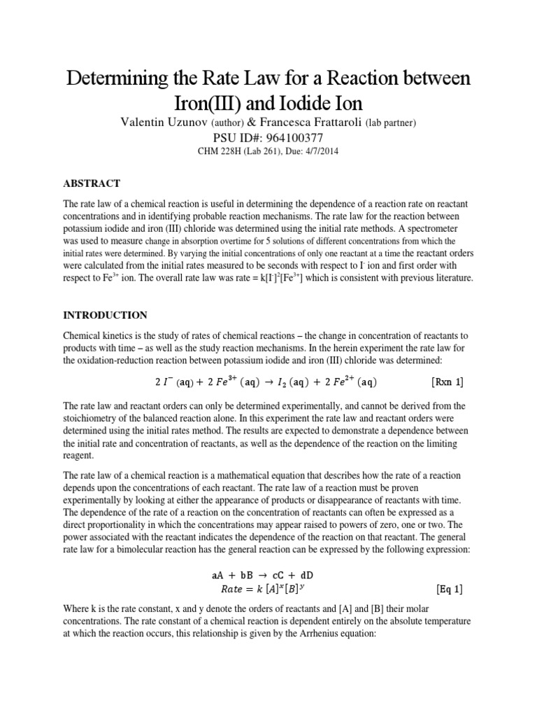 Determining The Rate Law For A Reaction Between Iron (III) and Iodide ...