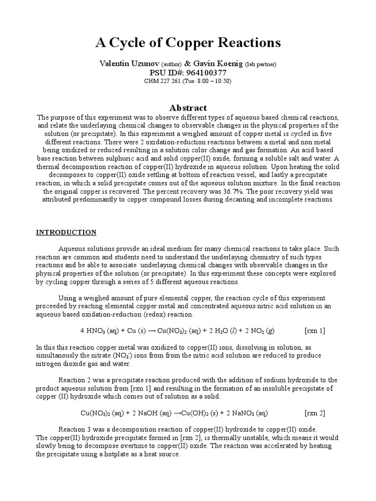 Copper Reaction Cycle Analysis | PDF | Precipitation (Chemistry) | Redox
