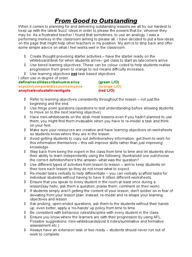 From Good to Outstanding Lessons | PDF | Classroom | Educational Psychology