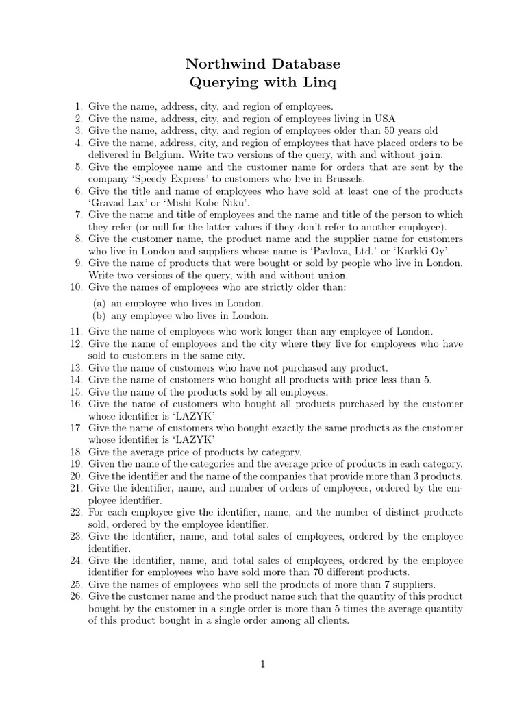 Northwind Database SQL Queries | PDF | Language Integrated Query ...