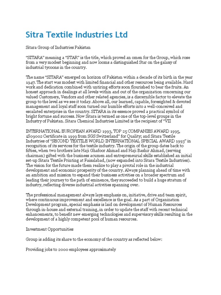 Sitara Textile Industries Overview | PDF | Forecasting | Textiles