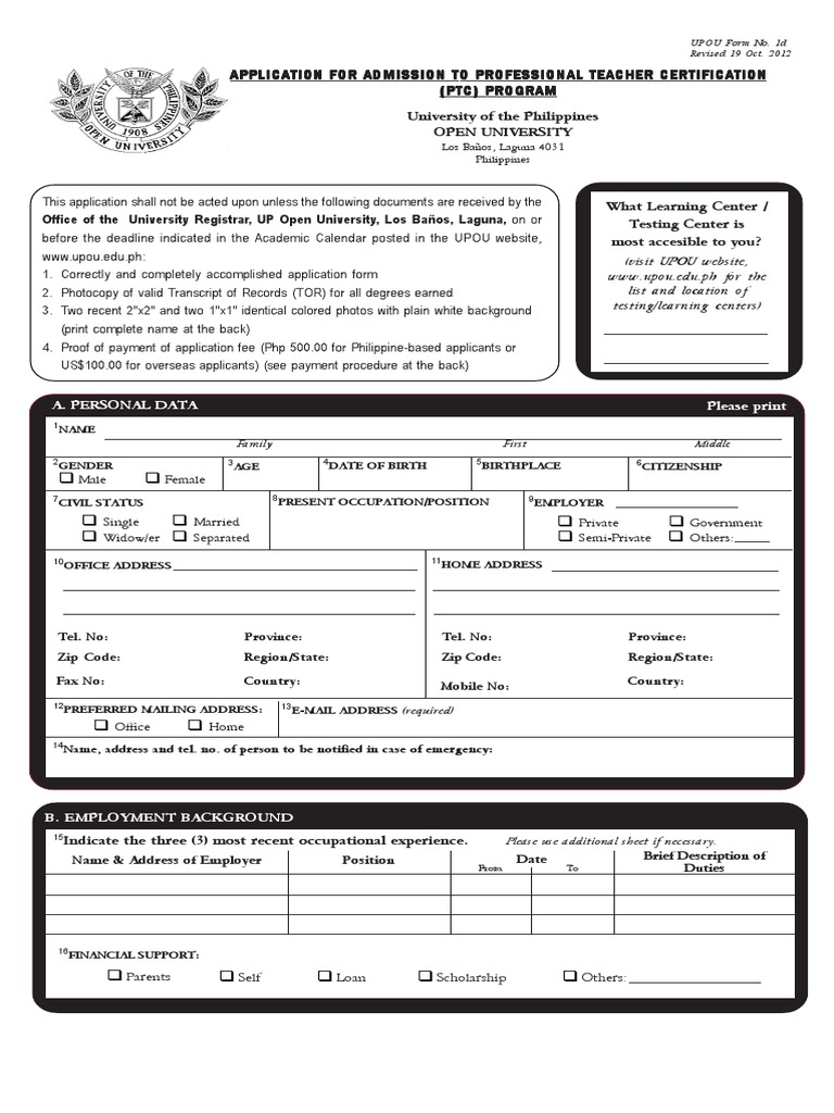 UPOU PTC Program Admission Application | Download Free PDF | Wire Transfer | Banks