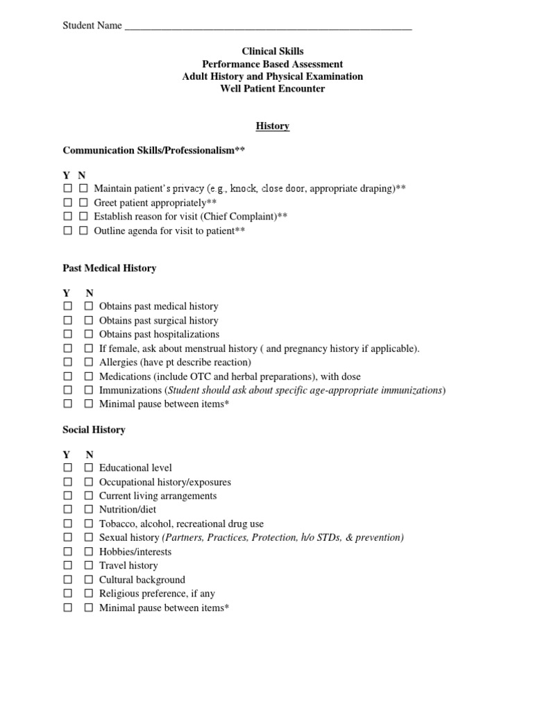 Adult History and Physical Examination Well Patient Encounter (A ...