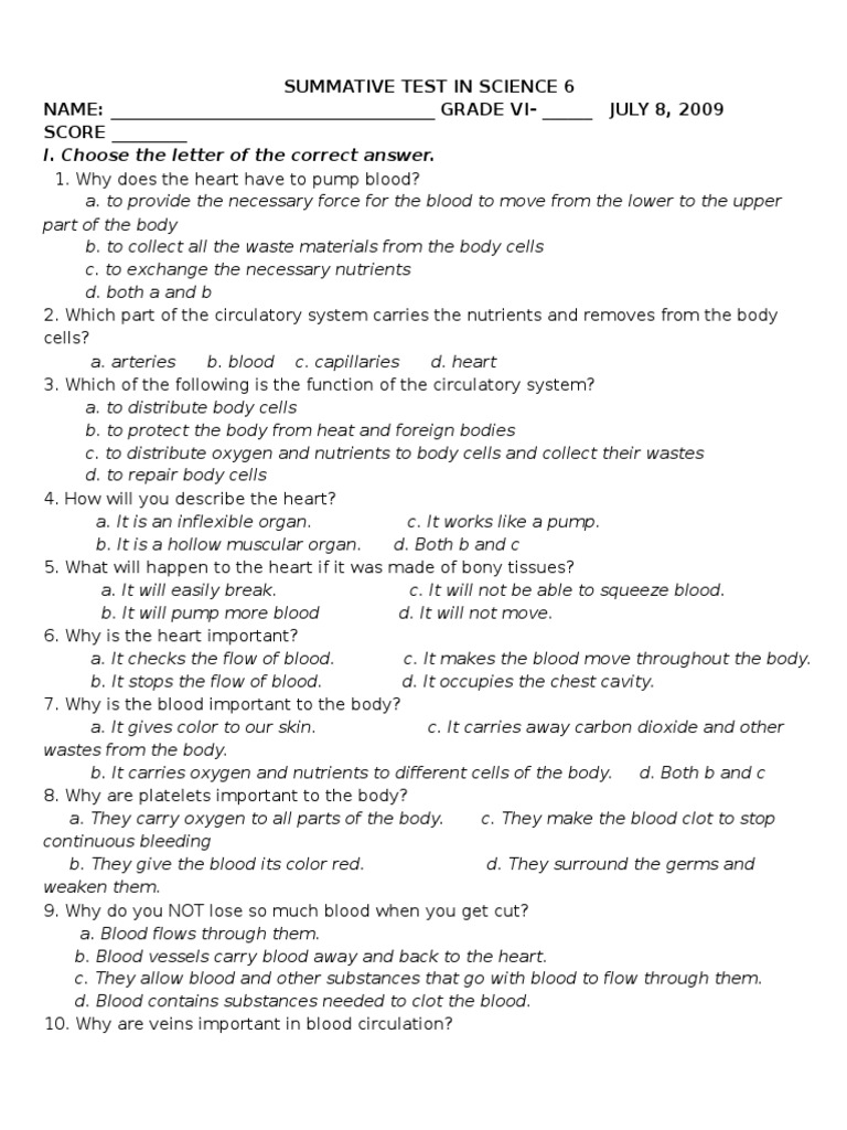 Grade 6 Circulatory System Test | PDF | Blood | Circulatory System
