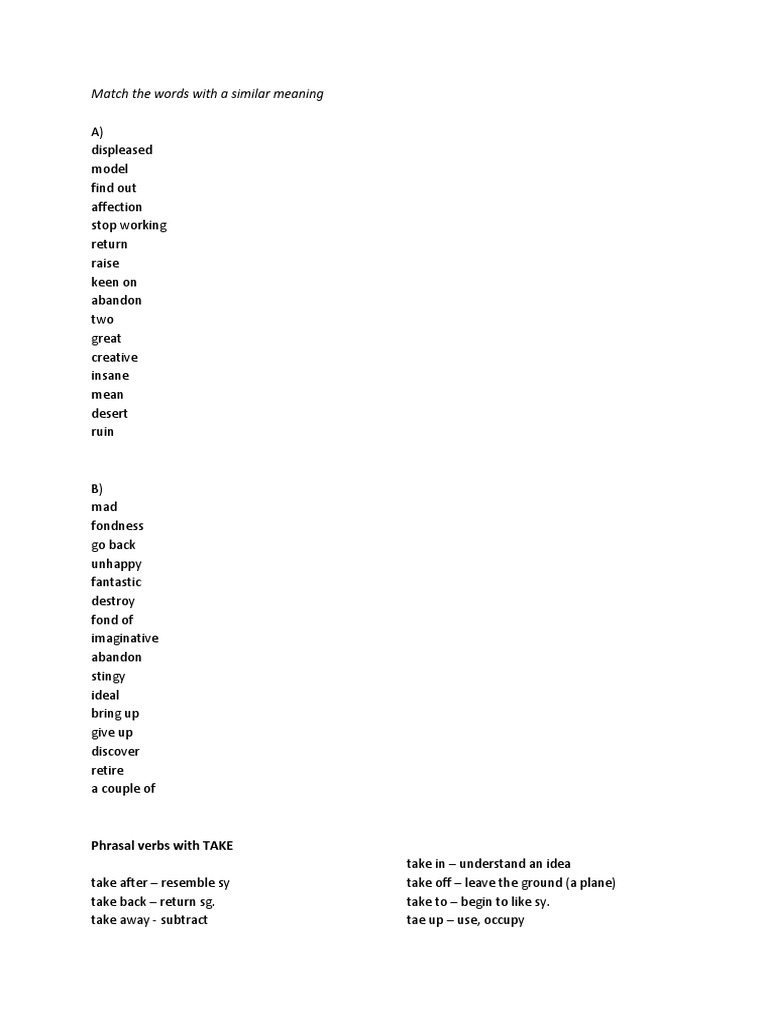 Match The Words With A Similar Meaning: Phrasal Verbs With TAKE | PDF ...