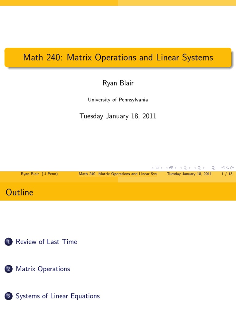 Math 240 Matrix Operations And Linear Systems Ryan Blair PDF
