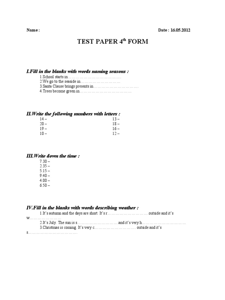 Test Paper 4 Form: I.Fill in The Blanks With Words Naming Seasons | PDF