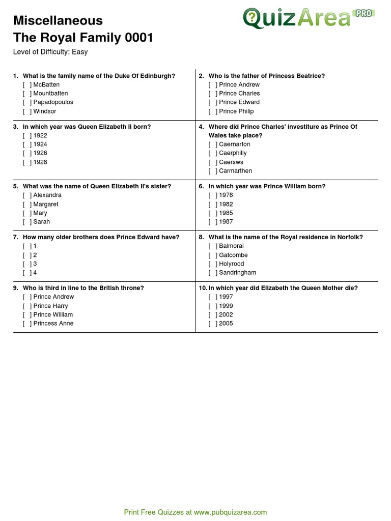 Royal Family Quiz | PDF | Elizabeth Ii | Monarchy Of The United Kingdom