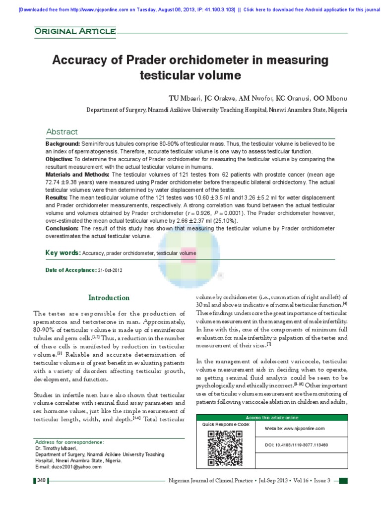 Mbaeri Accuracy of Prader Orchidometer | PDF | Testicle | Correlation ...