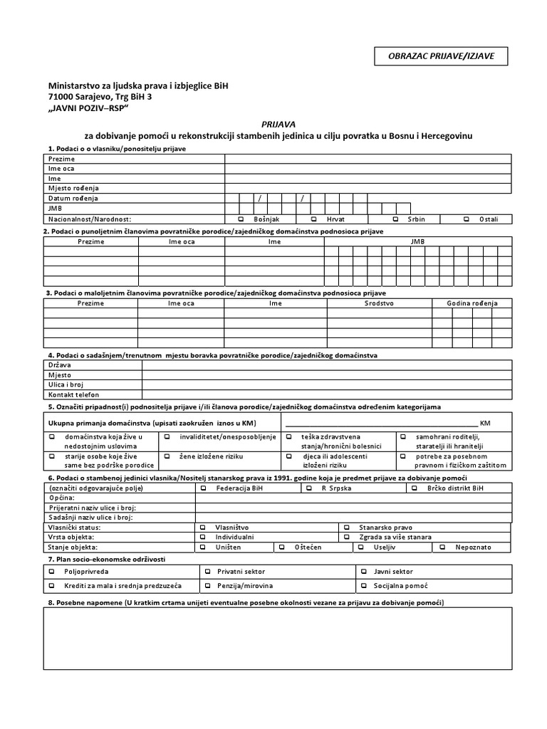 Obrazac Prijave Izjave Latinica | PDF