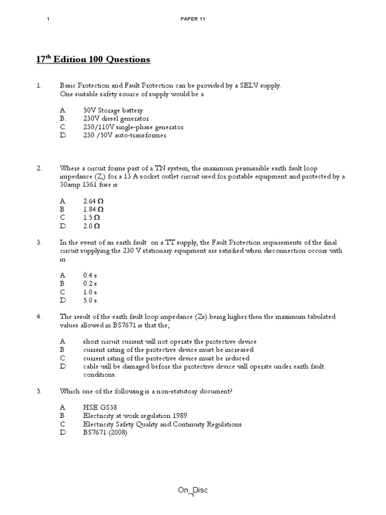 17th Edition Exam Questions | PDF | Fuse (Electrical) | Electrical Wiring