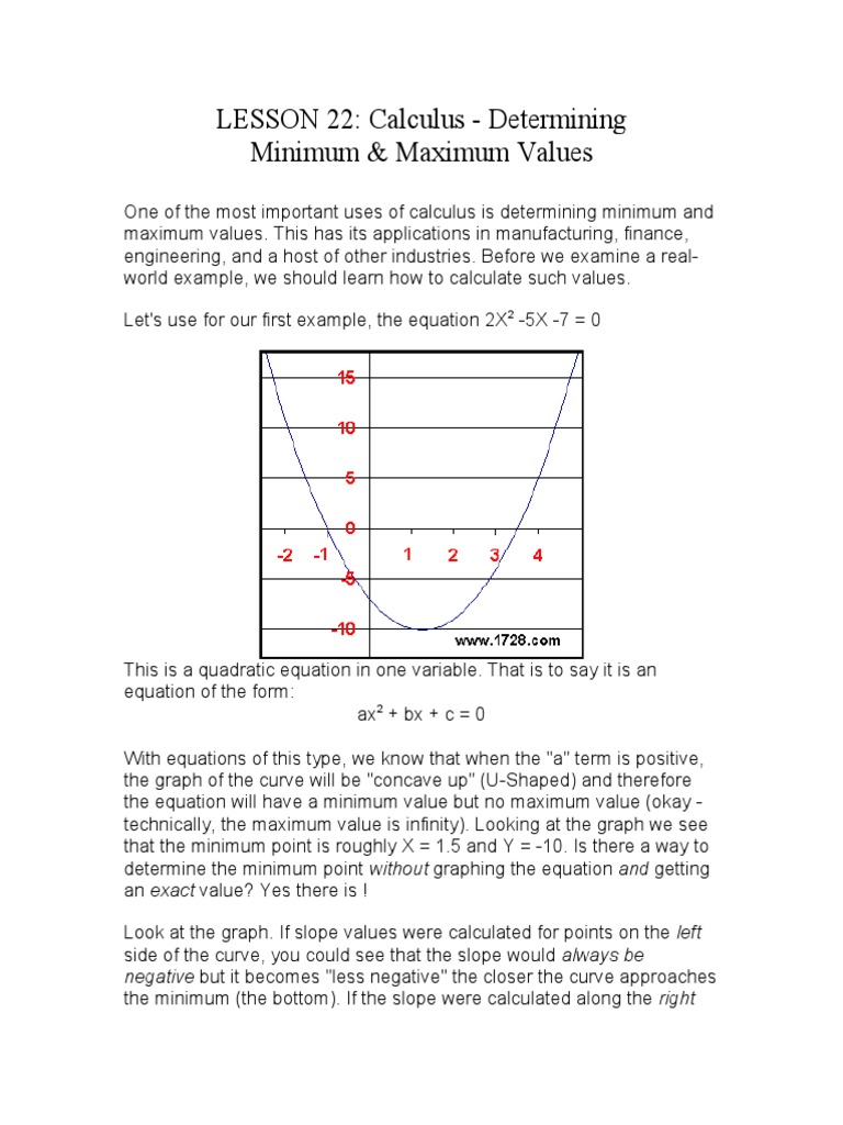 LESSON 22 - Calculus (Min - Max Points) | PDF | Quadratic Equation ...