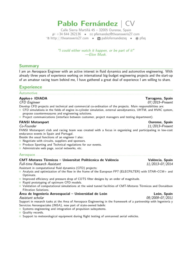 Pablo Fernandez - Curriculum Vitae | PDF | Aerospace Engineering ...
