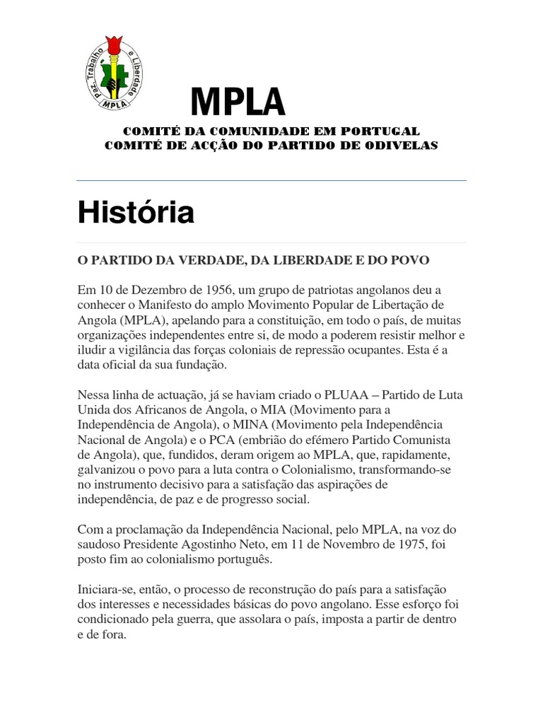 Historia Do Mpla PDF | PDF | Angola | Portugal