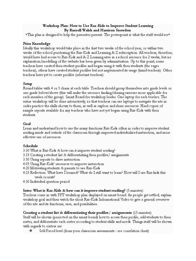 Raz-Kids Workshop Plan | PDF | Reading (Process) | Teachers