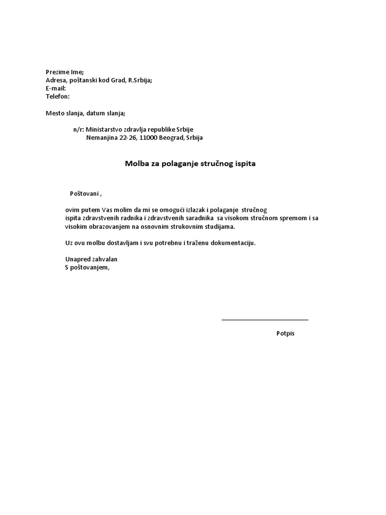 Molba za polaganje strucnog ispita