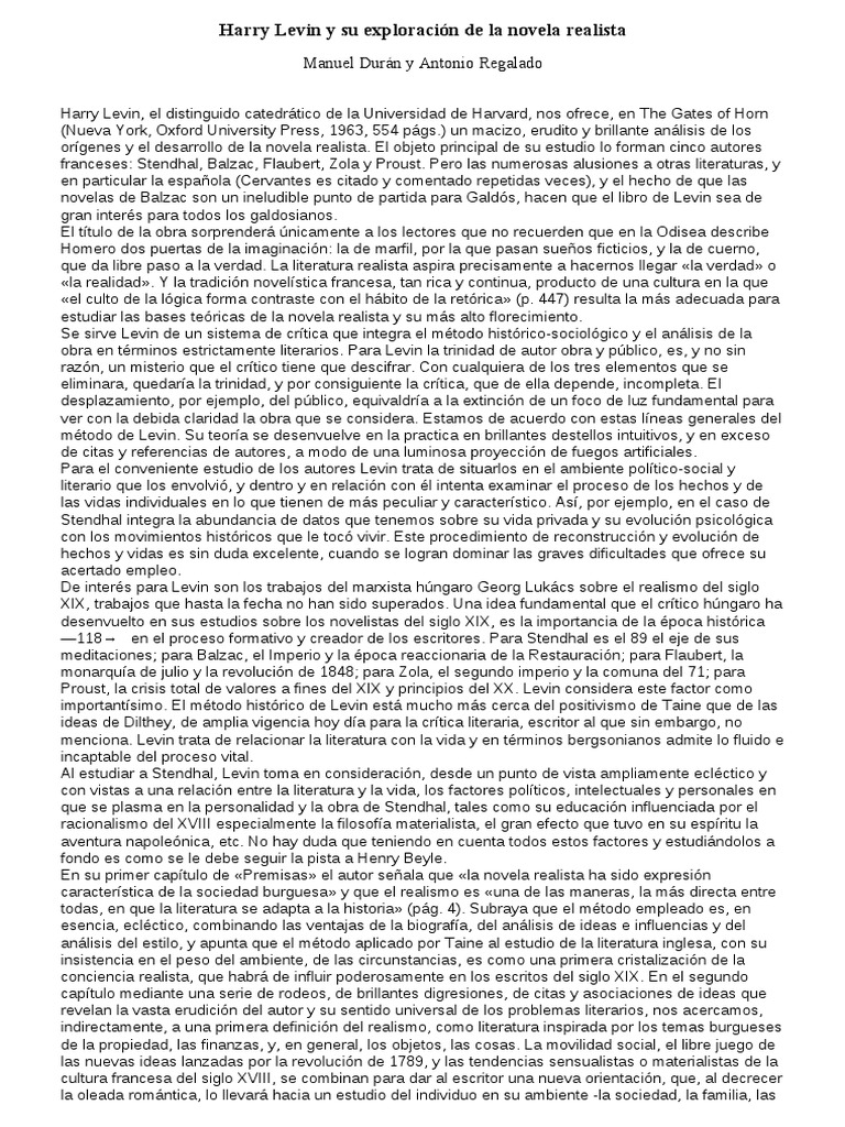 Harry Levin y Su Exploración de La Novela Realista | PDF | Escritura