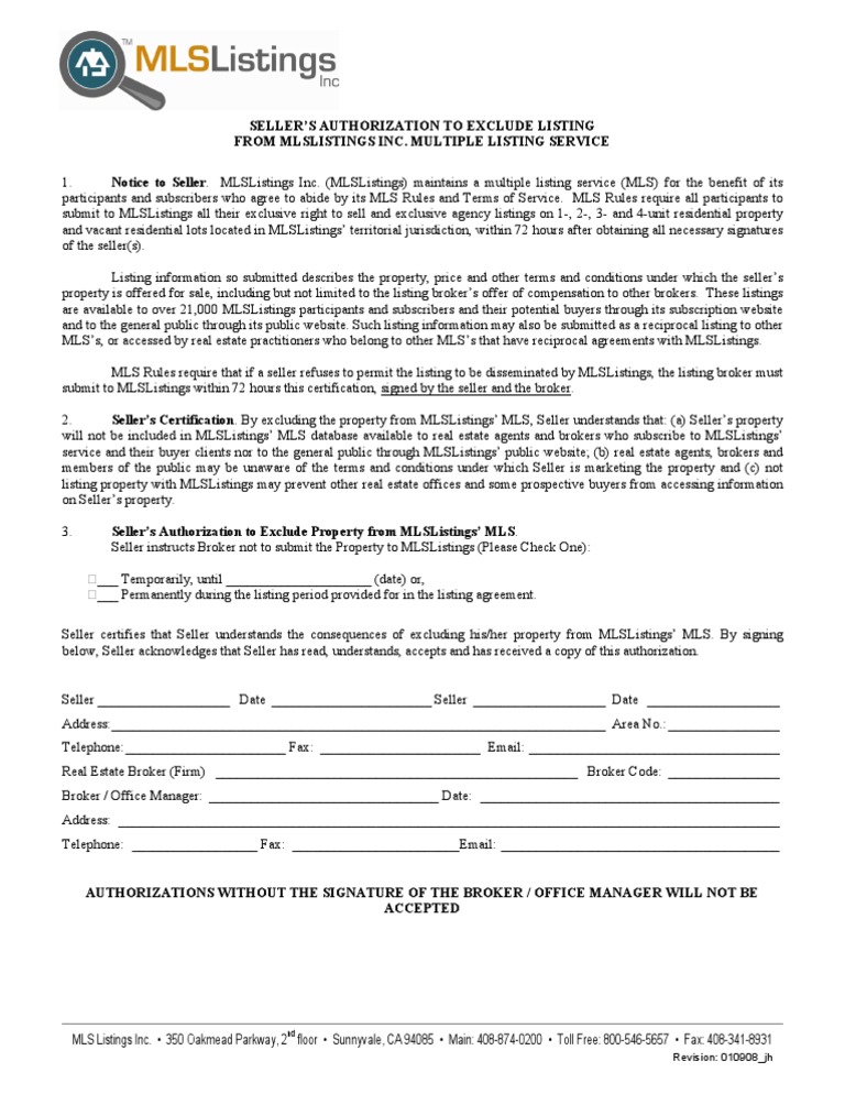 Seller's MLS Exclusion Authorization Form | PDF | Real Estate Broker ...