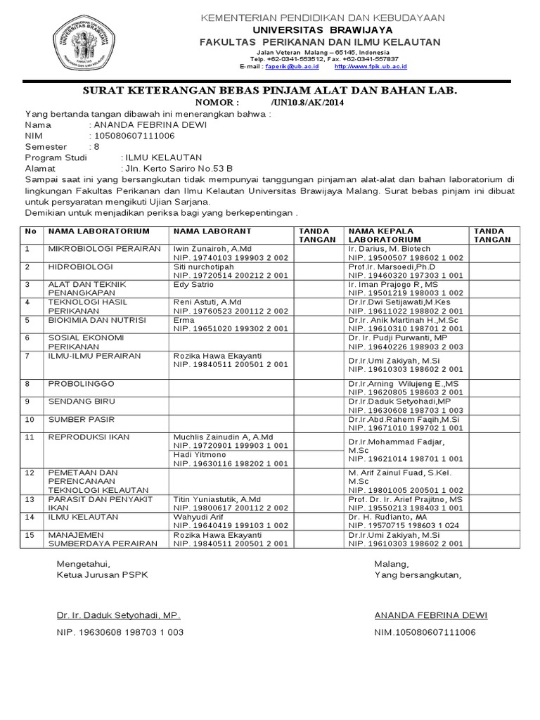 Surat Keterangan Bebas Pinjam Alat Dan Bahan Lab | PDF