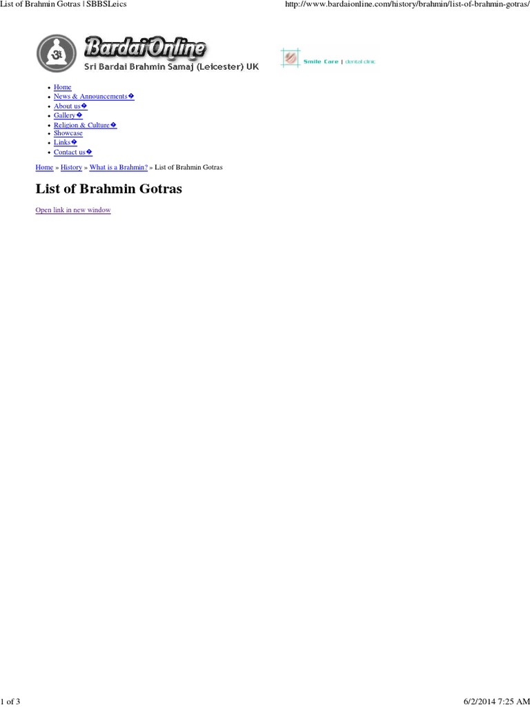 List of Brahmin Gotras - SBBSLeics | PDF | Indian Religions | Kinship ...