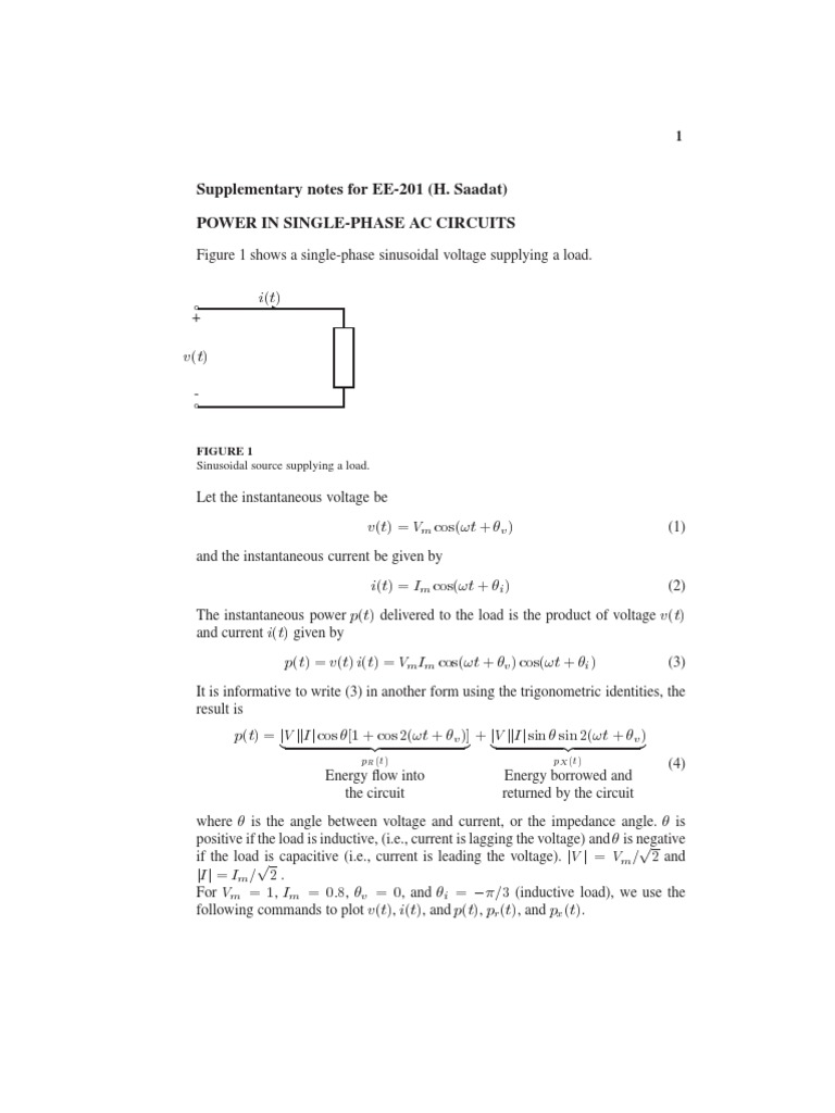 Supplementary Notes For EE-201 (H. Saadat) Power in Single-Phase Ac ...