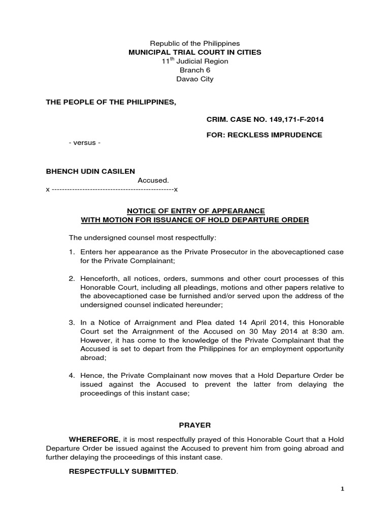 Notice of Entry of Appearance -- Corpuz | Arraignment | Prosecutor