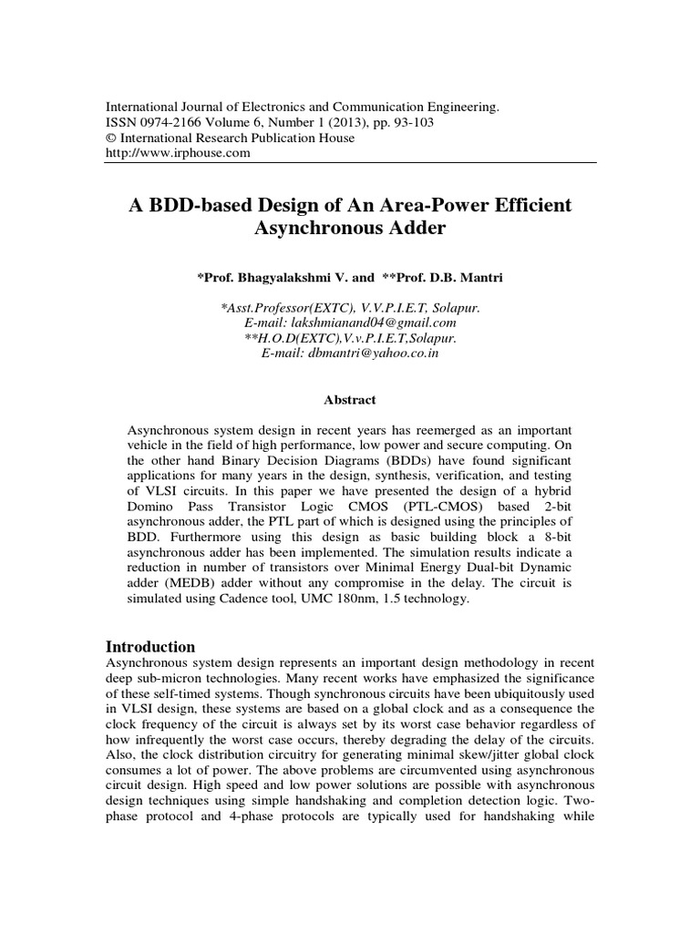 A BDD-based Design of An Area-Power Efficient Asynchronous Adder | PDF | Electronic Circuits ...