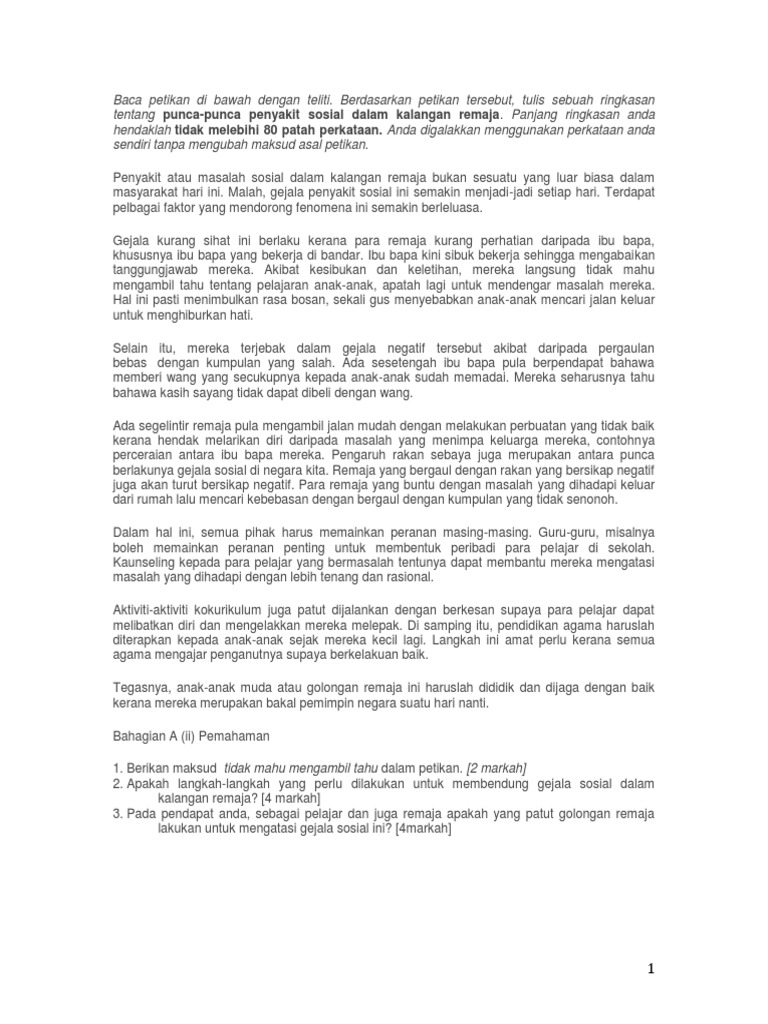 Baca Petikan Di Bawah Dengan Teliti | PDF | Ilmu Sosial | Gaya Hidup