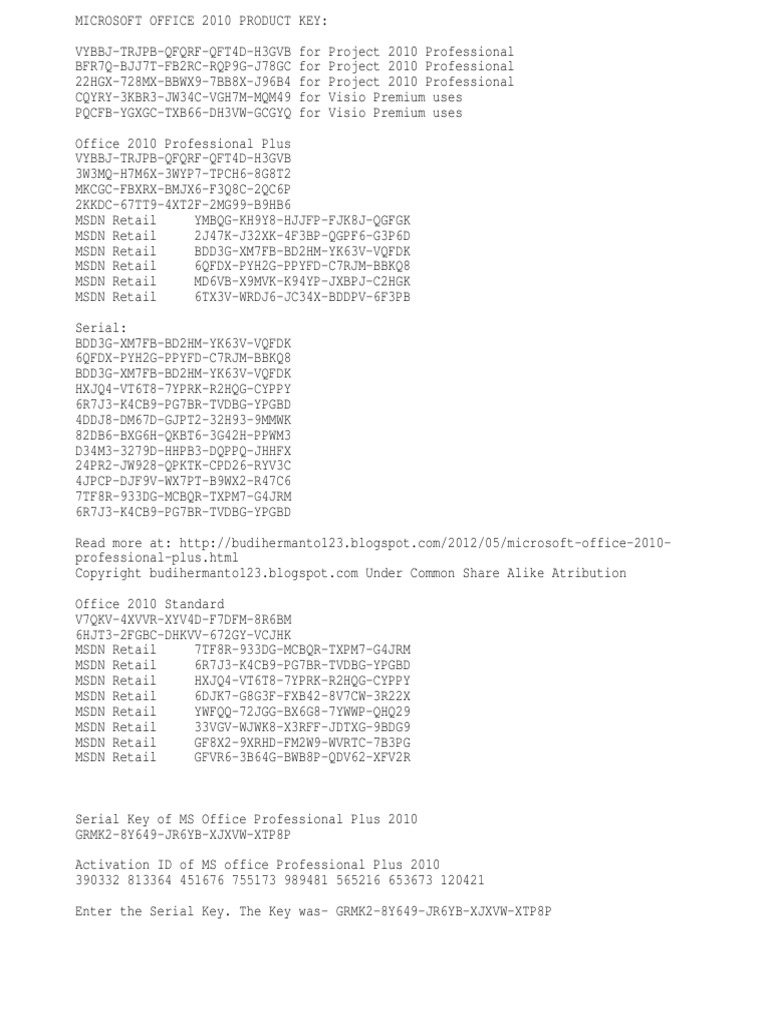 MS Office Tahun2010 Product Keys | PDF | Business Software ...