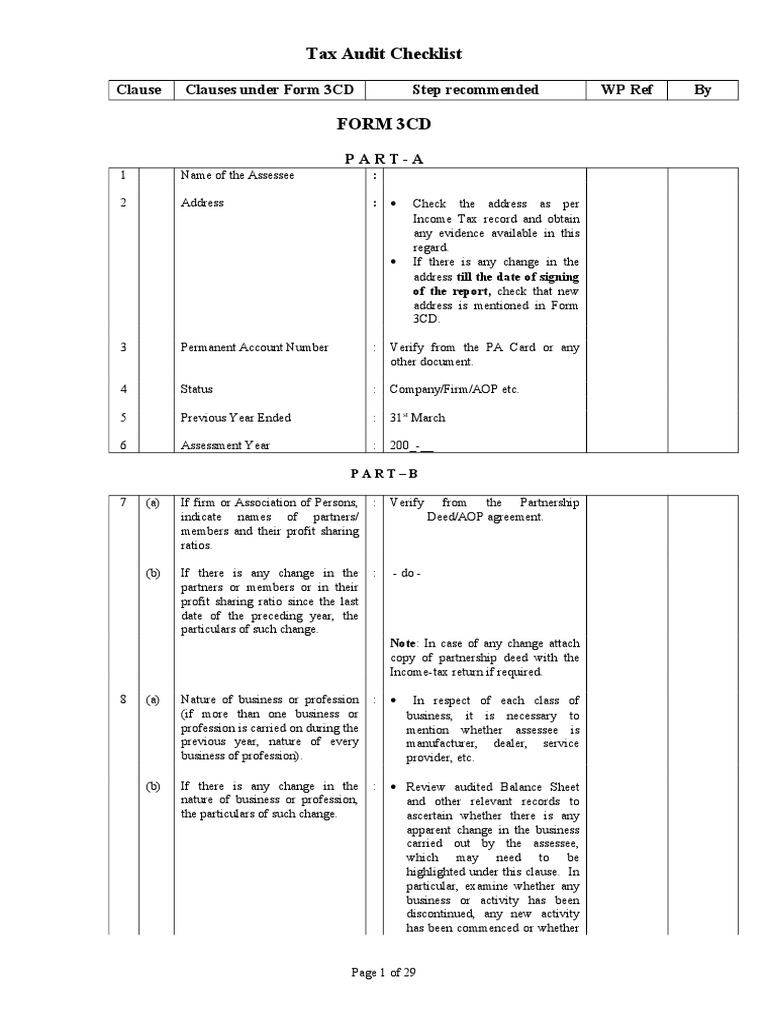 Tax Audit Checklist: Clause Clauses Under Form 3CD Step Recommended WP ...