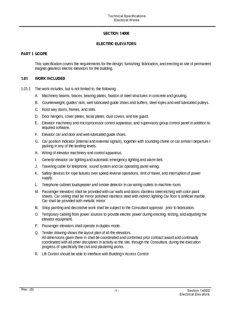 Division 14 - Elevator Specifications | PDF | Elevator | Electrical Wiring