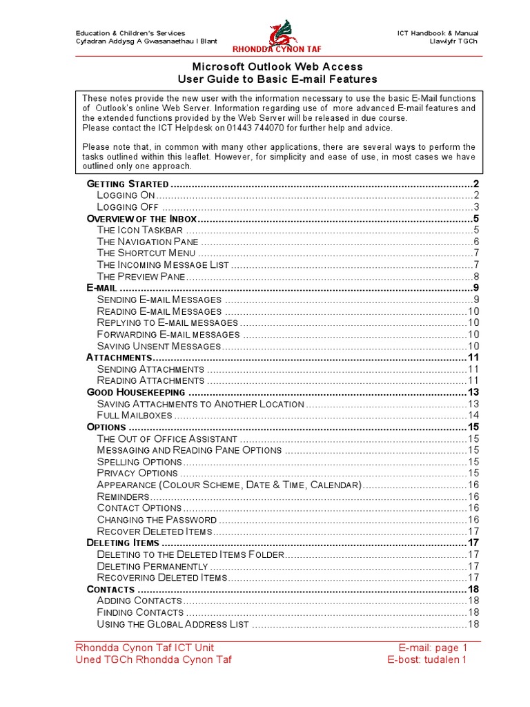 Microsoft Outlook Web Access User Guide To Basic E-Mail Features | PDF ...