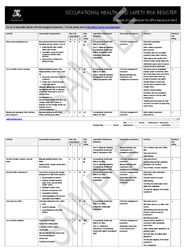 Division OHS Risk Register Example Office | PDF | Occupational Safety ...