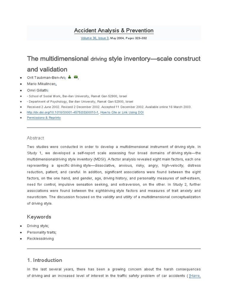 Multidimensional Driving Style Inventory | PDF | Anxiety | Extraversion ...