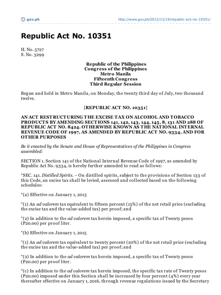 Republic Act No 10351 | PDF | Distilled Beverages | Taxes